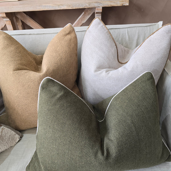 Hailey Linen Chenille Cushion 40x60cm Lumbar - Moss Green with Natural ...