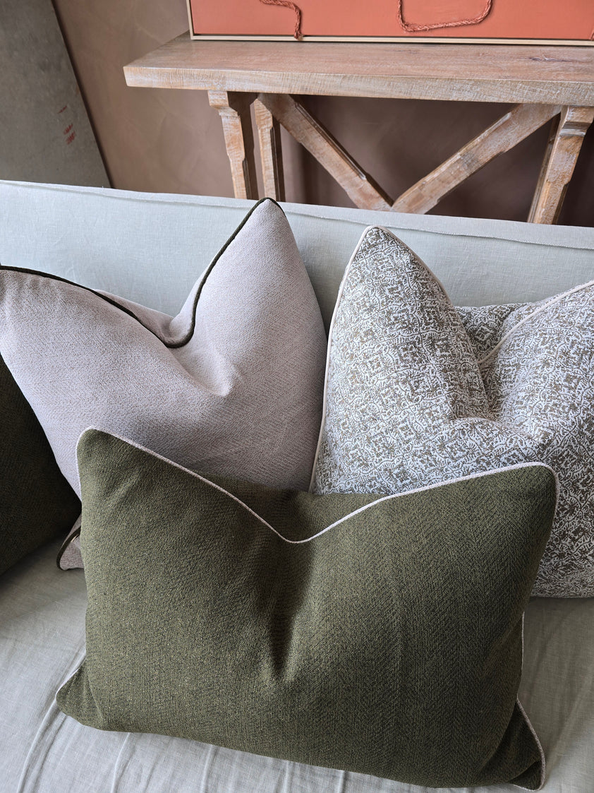 Hailey Linen Chenille Cushion 55cm Square - Natural with Moss Green Pi ...
