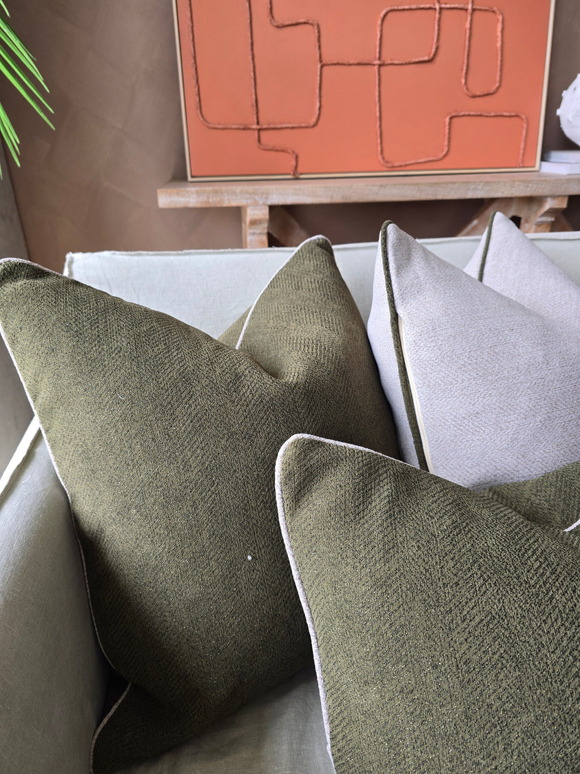 Hailey Linen Chenille Cushion 55cm Square - Natural with Moss Green Pi ...