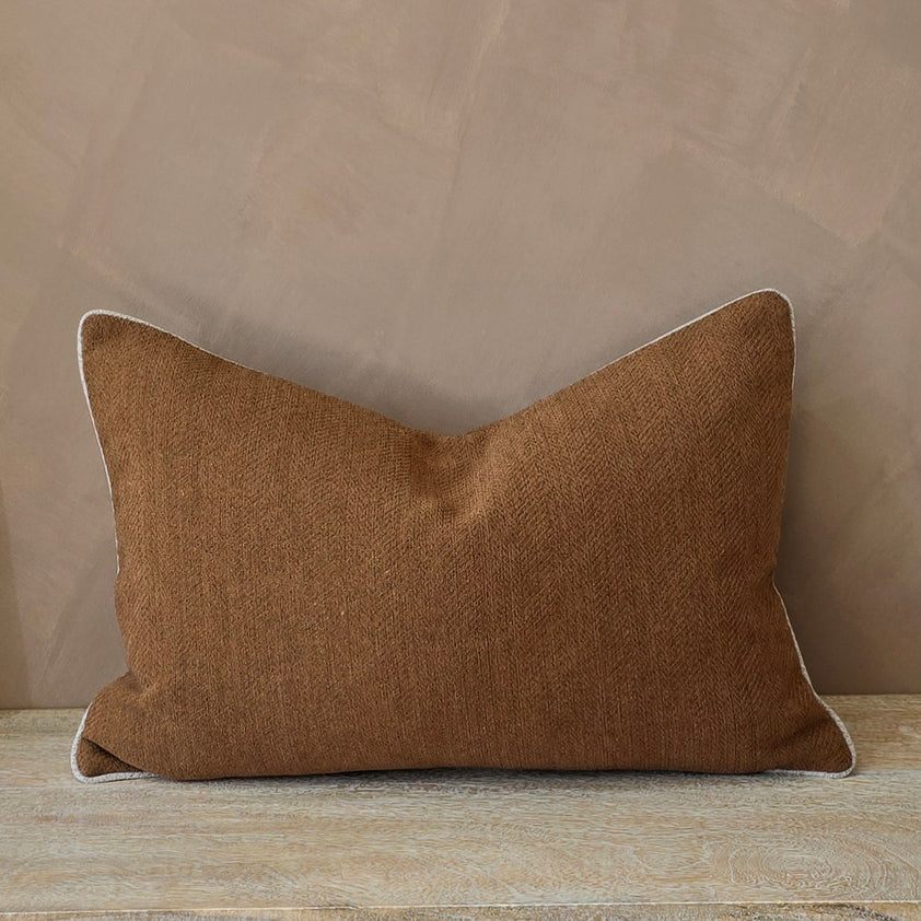 Hailey Linen Chenille Cushion 40x60cm Lumbar - Terracotta with Natural ...